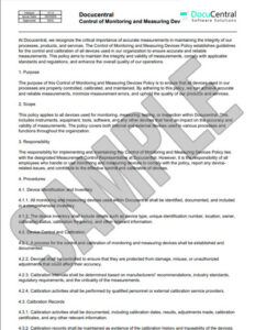 ISO 9001 Control of Monitoring and Measuring Devices Policy