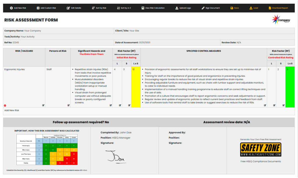 Free Risk Assessment Forms | The Health & Safety Zone